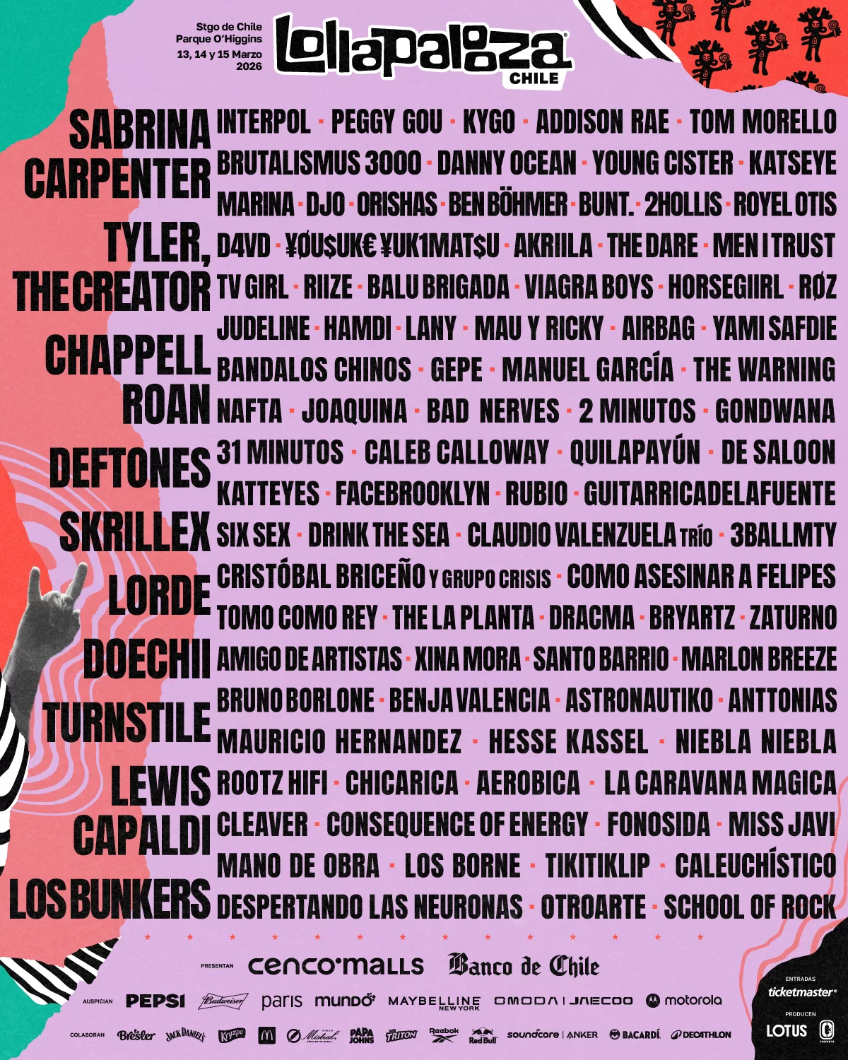 Lollapalooza Chile 2026: Deftones, Tom Morello, Turnstile y Los Bunkers encabezan lineup ...